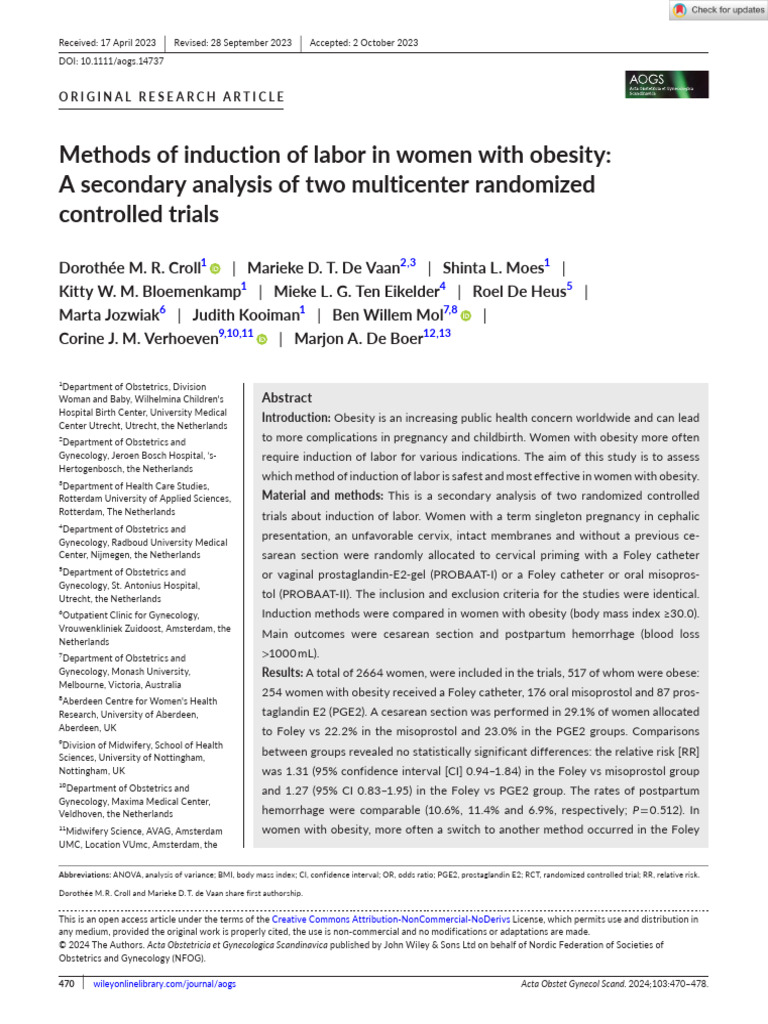 Methods of Induction of Labor in Women With Obesity A Secondary ...