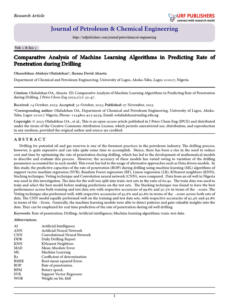 Comparative Analysis Of Machine Learning Algorithms In Predicting Rate Ofrnpenetration During