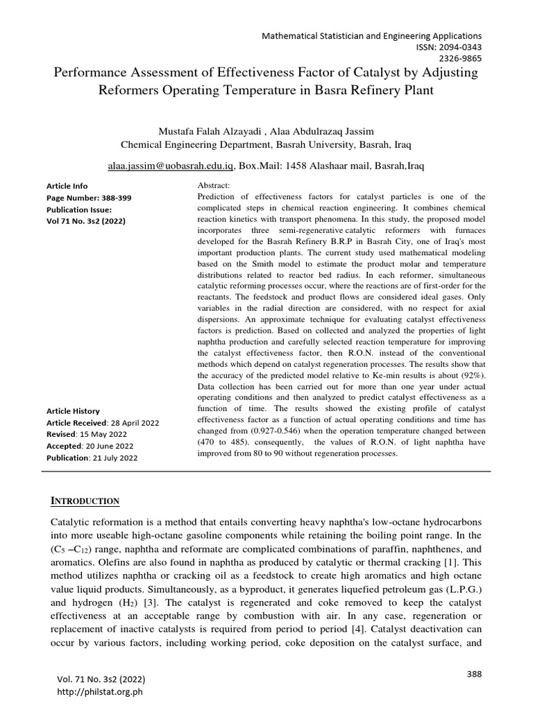 Performance Assessment of Effectiveness Factor of Catalyst by Adjusting ...
