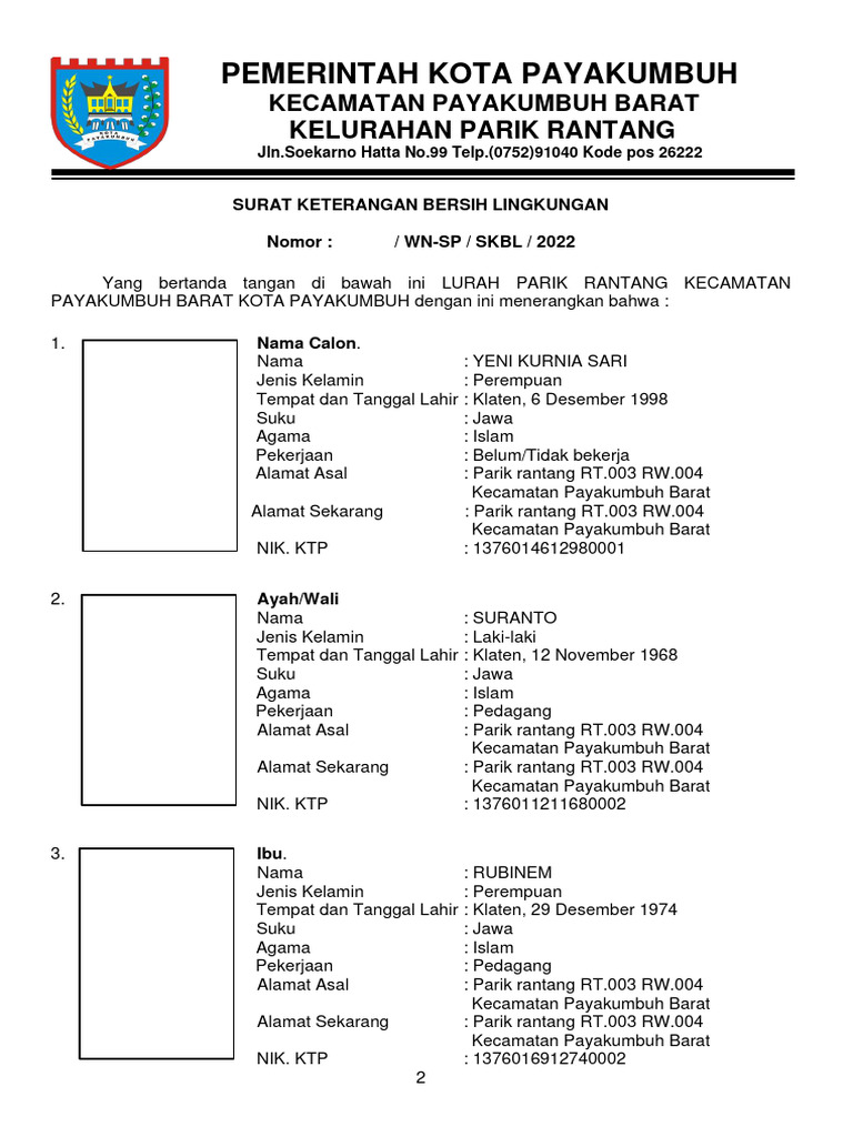Contoh Fomulir SKBL Kelurahan J Kenagarian Salinan | PDF