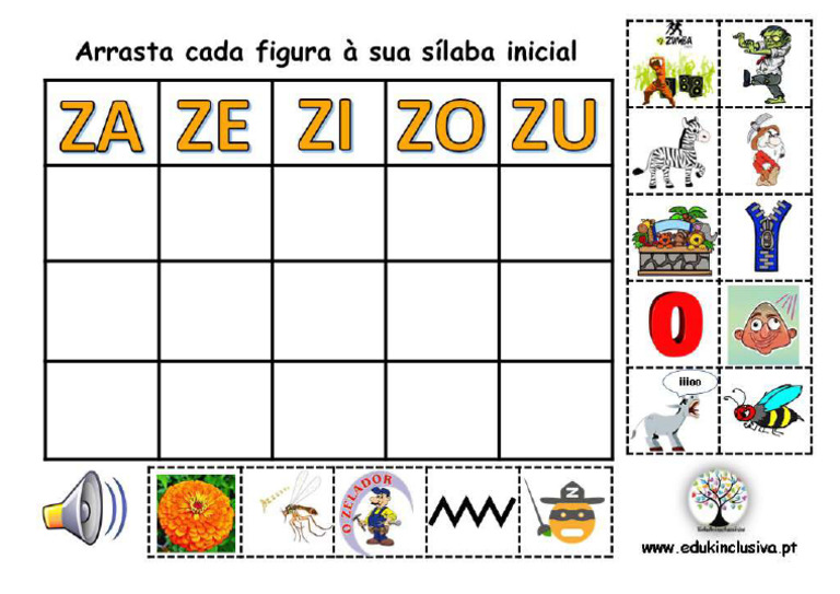 Consciencia Fonologica Recorte e Cole A Silaba Inicial ZA ZE ZI ZO ZU ...