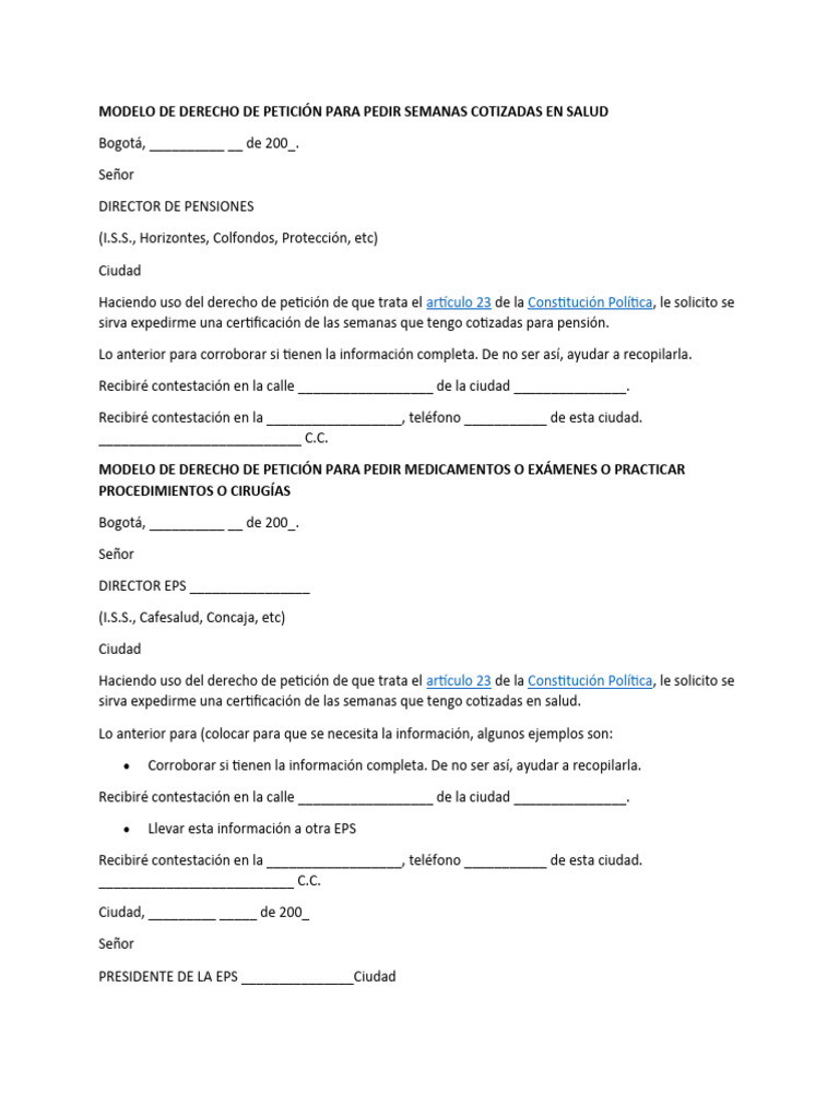 Modelo de Derecho de Petición para Pedir Semanas Cotizadas | PDF ...