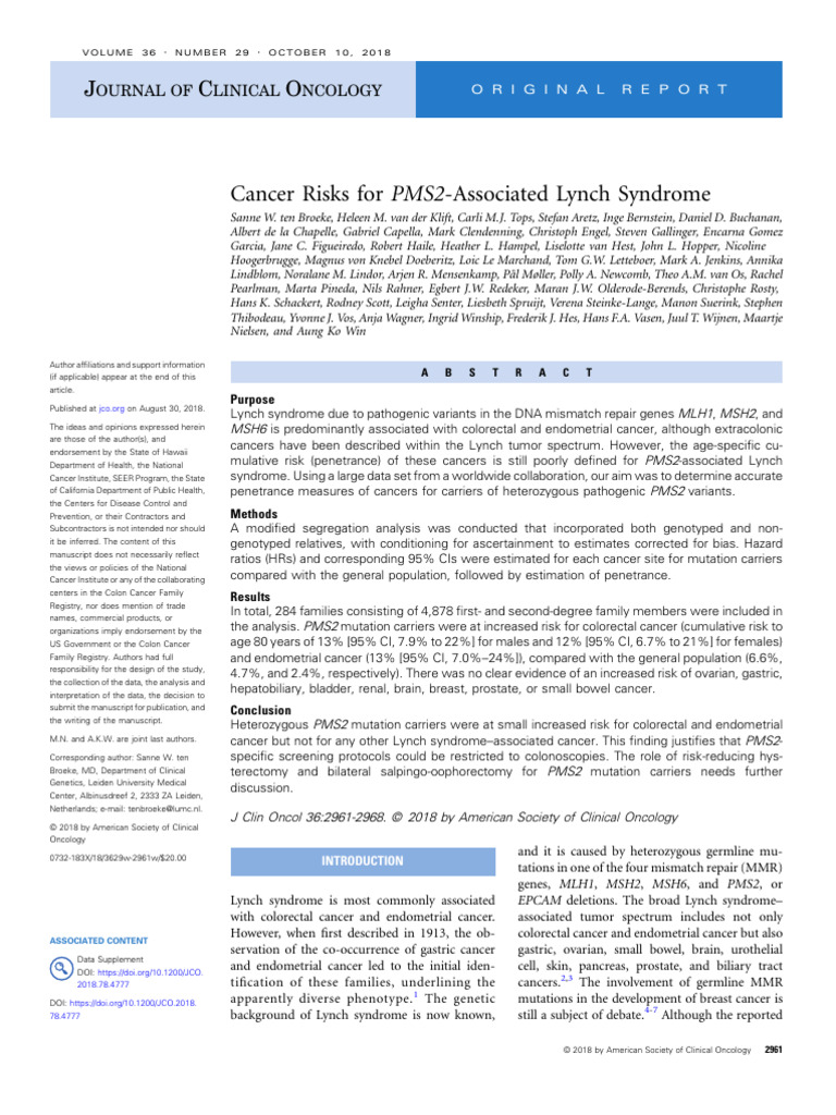 Cancer Risks For PMS2-Associated Lynch Syndrome | PDF | Cancer | Colorectal Cancer