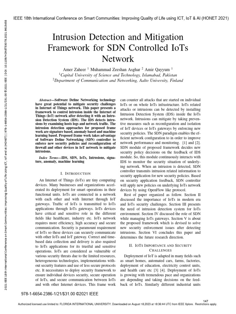 Intrusion Detection and Mitigation Framework For SDN Controlled IoTs Network | PDF | Internet Of ...