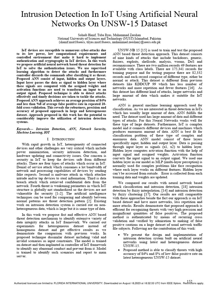 Intrusion Detection in IoT Using Artificial Neural Networks On UNSW-15 Dataset | PDF ...