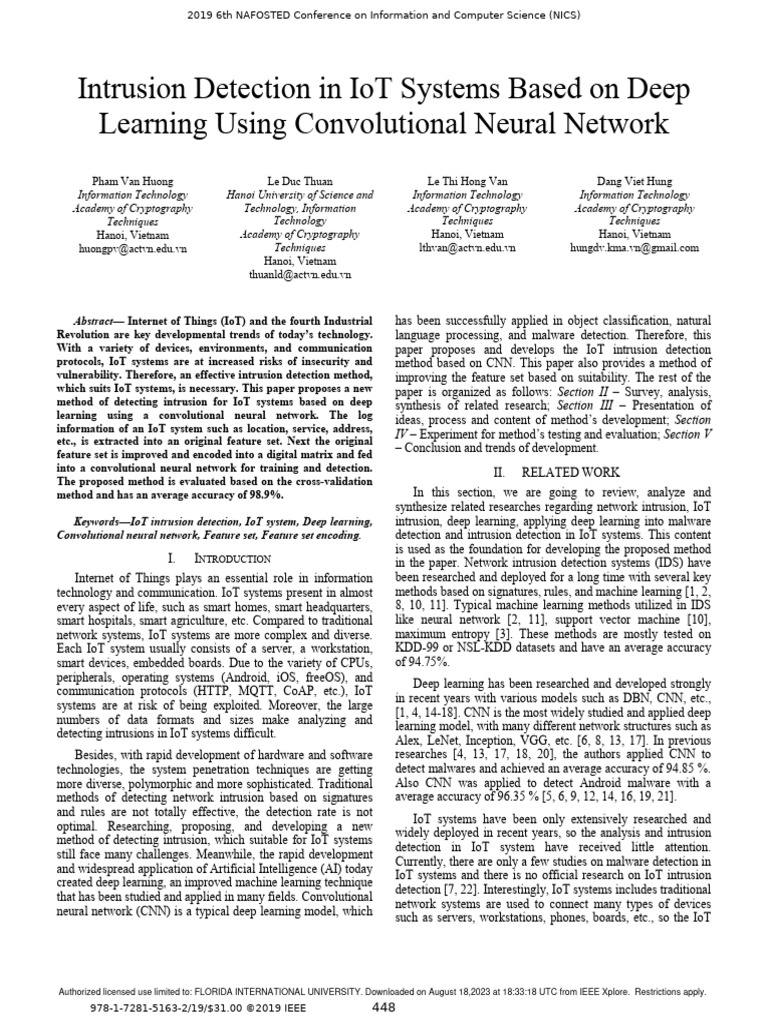 Intrusion Detection In Iot Systems Based On Deep Learning Using Convolutional Neural Network