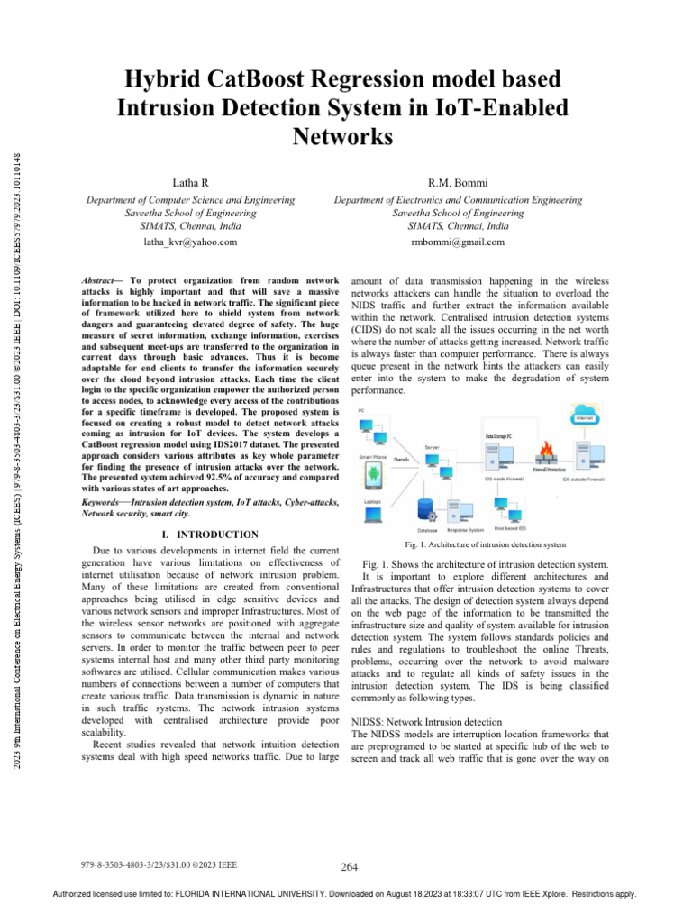 Hybrid CatBoost Regression Model Based Intrusion Detection System in IoT-Enabled Networks | PDF