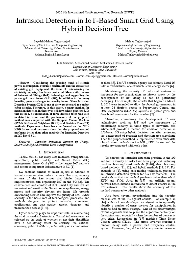 Intrusion Detection in IoT-Based Smart Grid Using Hybrid Decision Tree | PDF | Statistical ...