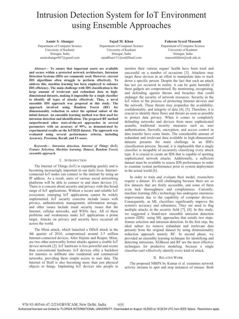 Intrusion Detection System For Iot Environment Using Ensemble Approaches Pdf Internet Of