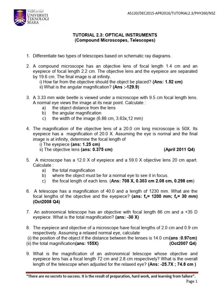 PHY250 - Tutorial 2.3 (Compound Microscopes, Telescopes) | PDF | Imaging | Optical Devices