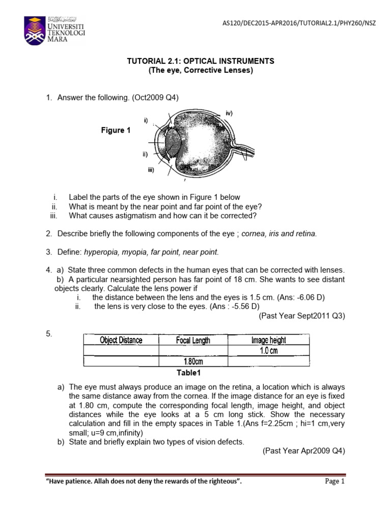 PHY250 - Tutorial 2.1 (The Eye, Corrective Lens) | PDF | Myopia | Eye