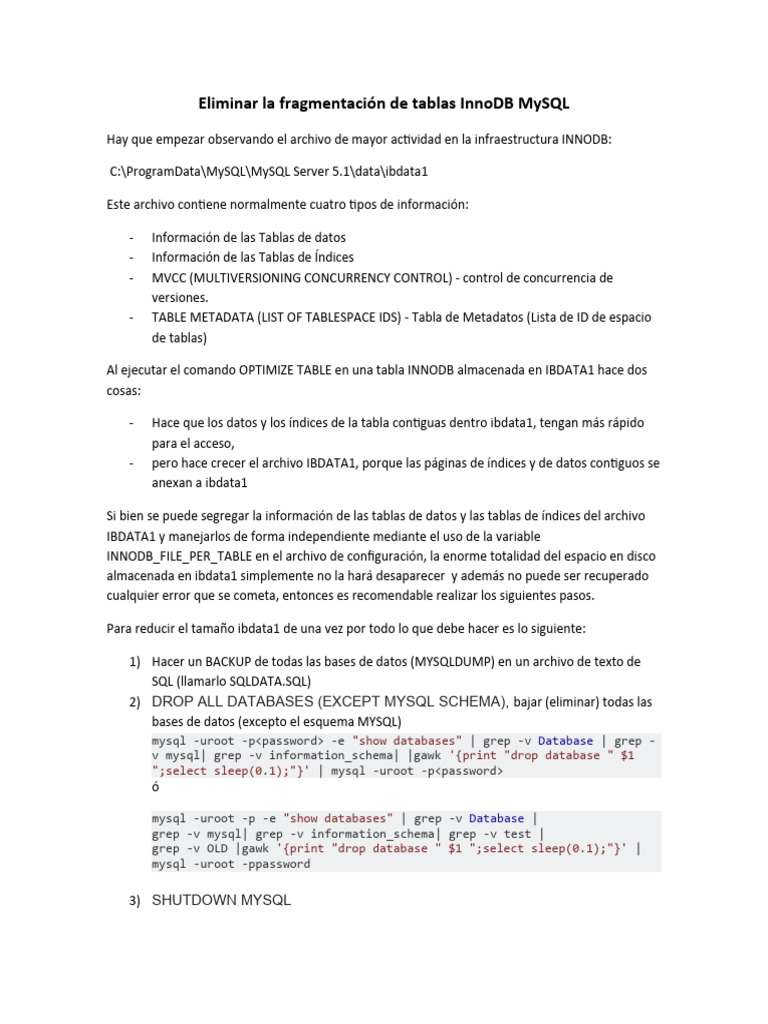 Eliminar La Fragmentación de Tablas InnoDB MySQL | PDF | Mi sql | SQL