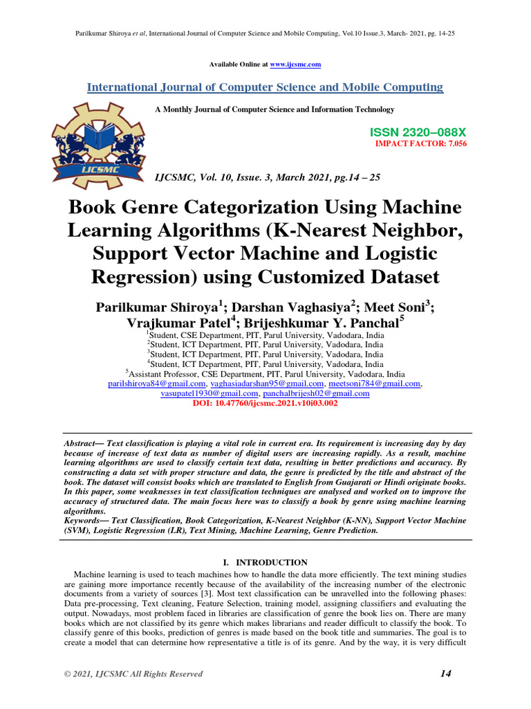 Book Genre Categorization Using Machine Learning Algorithms (K-Nearest Neighbor, Support Vector ...