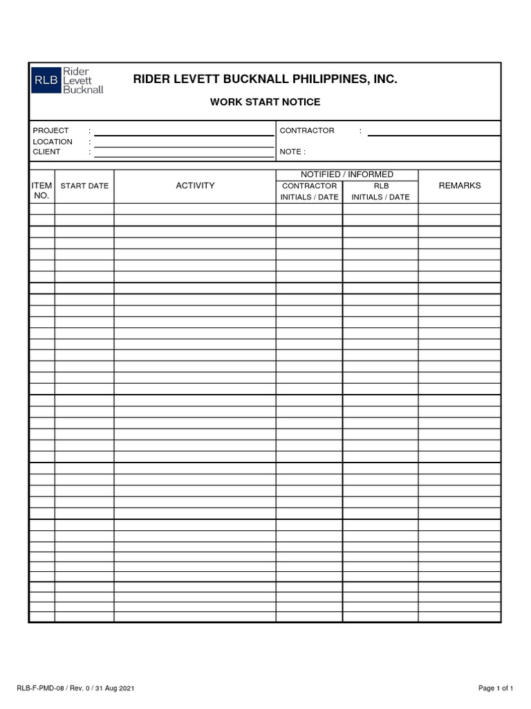 RLB F PMD 08 Work Start Notice | PDF | Finance & Money Management | Law