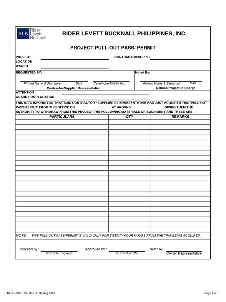 Project Pull-Out Pass Permit Template | PDF | Technology & Engineering