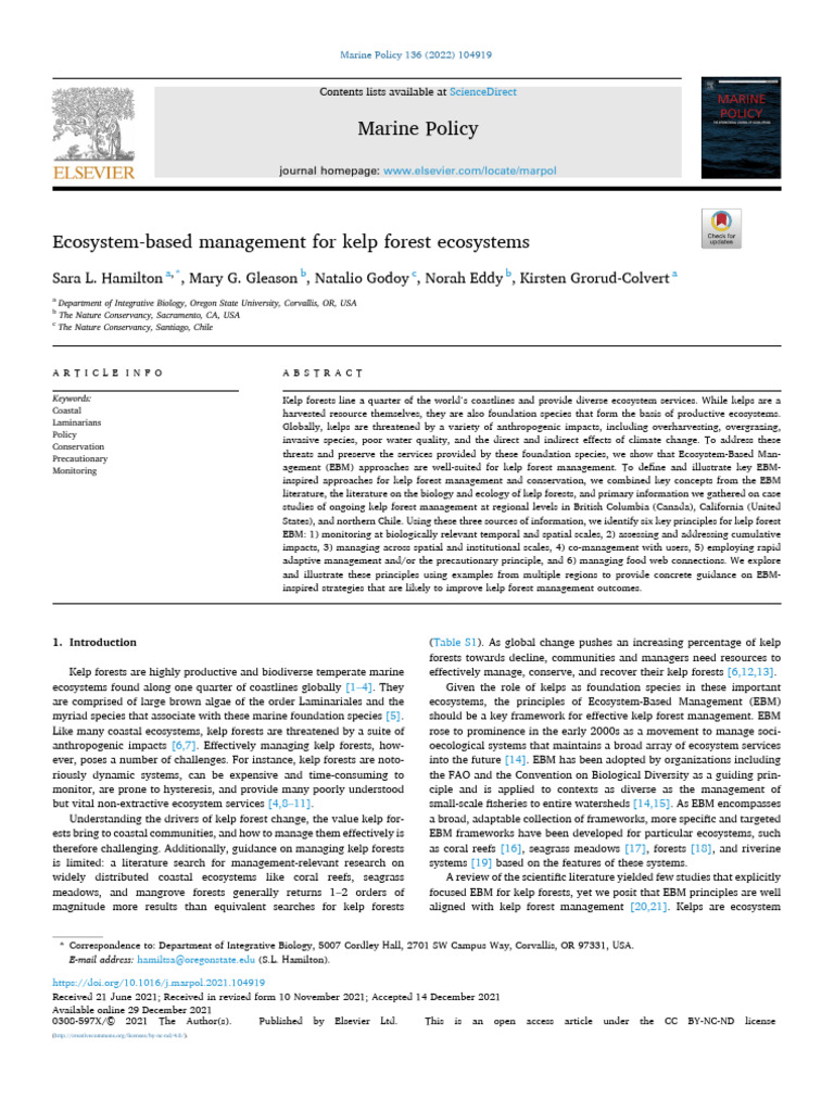 Ecosystem-Based Management For Kelp Forest Ecosystems | PDF | Ecology | Forests