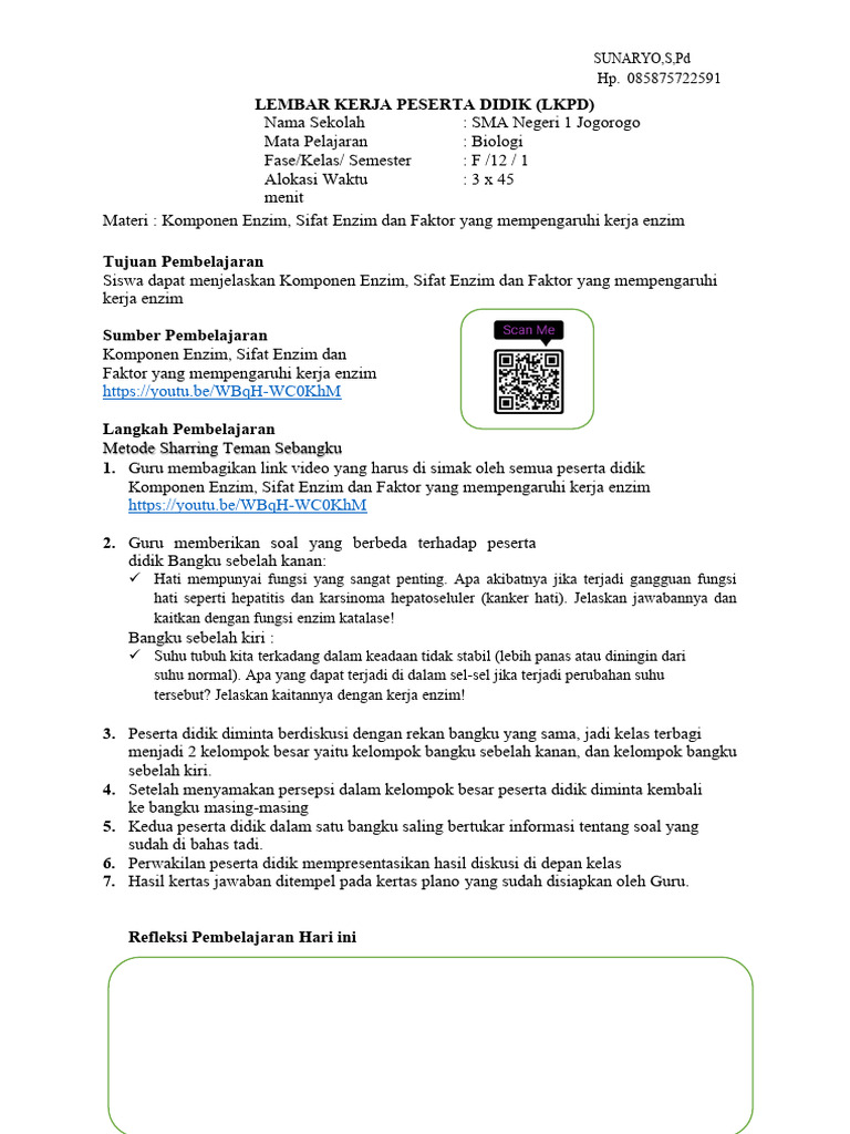 2.LKPD Komponen, Sifat Enzim | PDF | Karier & Perkembangan