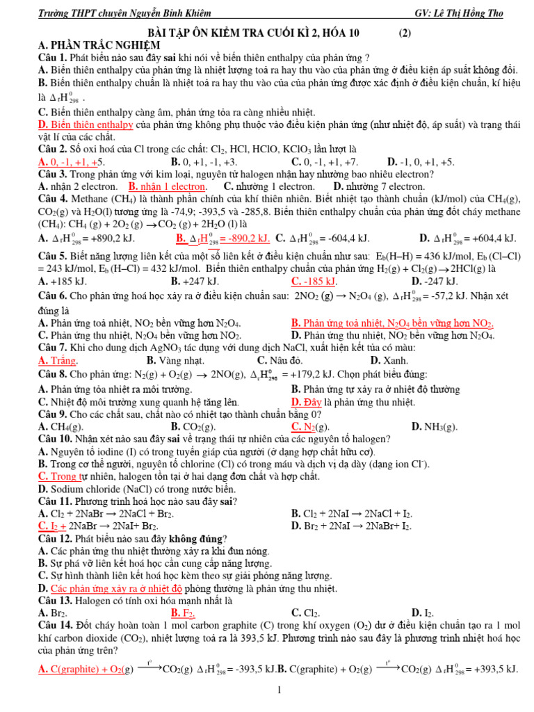 Bai Tap On Kiem Tra Cuoi Ki 2 Hoa 10 Dap An | PDF