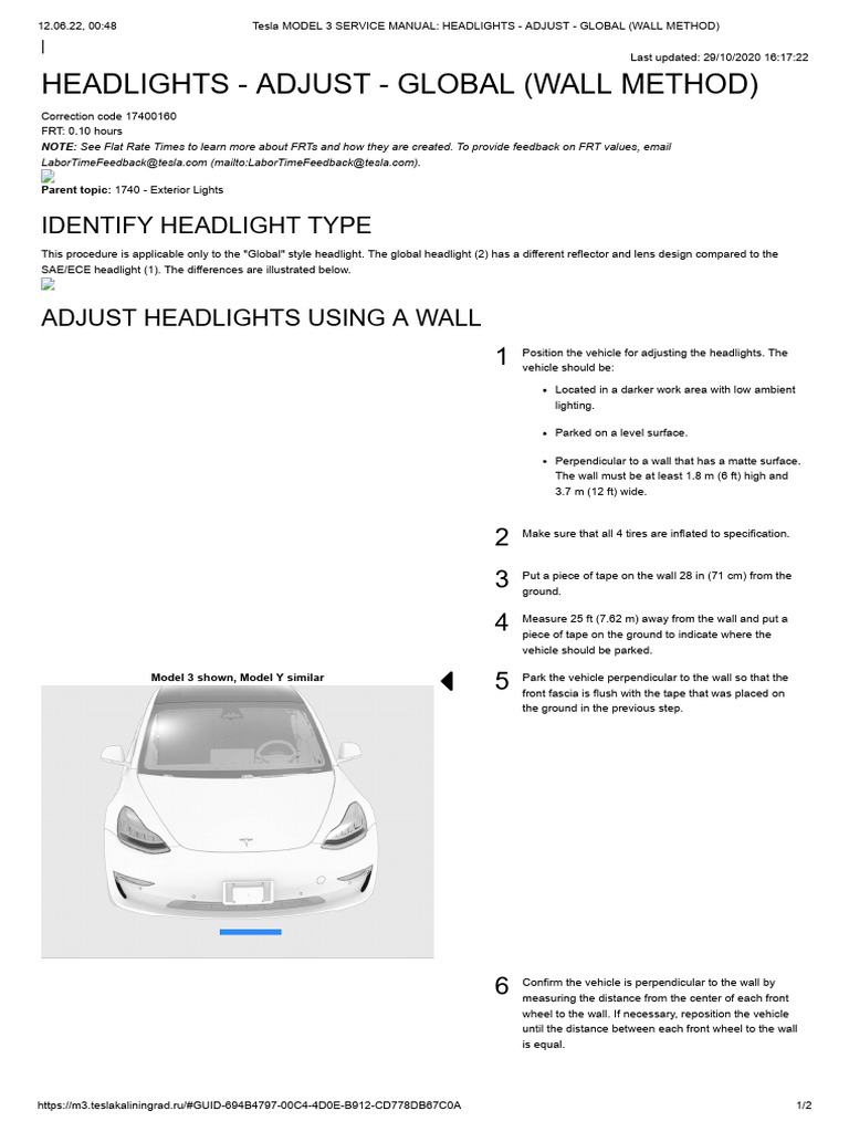 Tesla MODEL 3 SERVICE MANUAL - HEADLIGHTS - ADJUST - GLOBAL (WALL ...