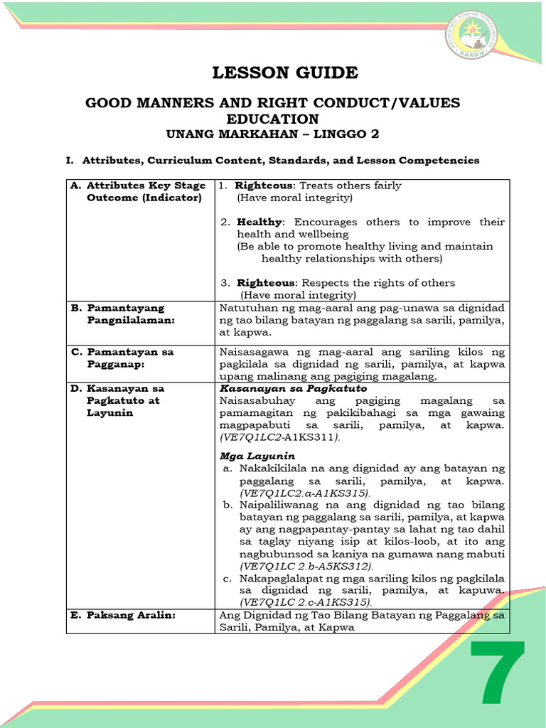Lesson Guide: Good Manners and Right Conduct/Values Education | PDF