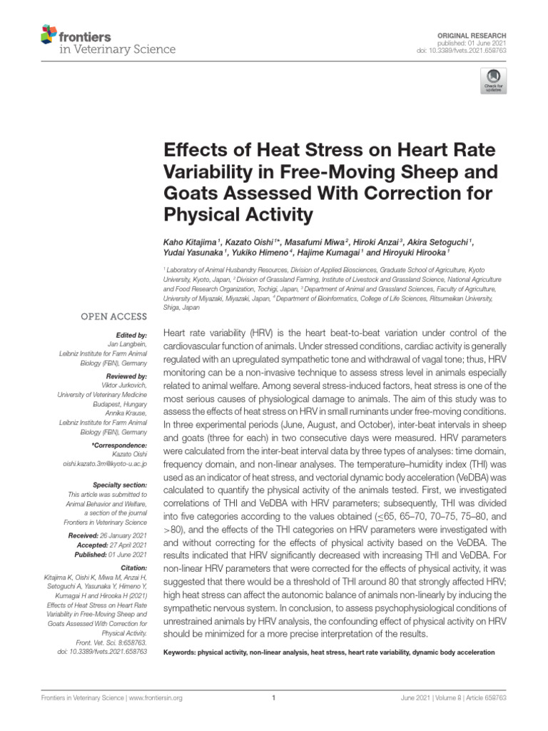 Effects of Heat Stress On Heart Rate Variability in Free-Moving Sheep ...