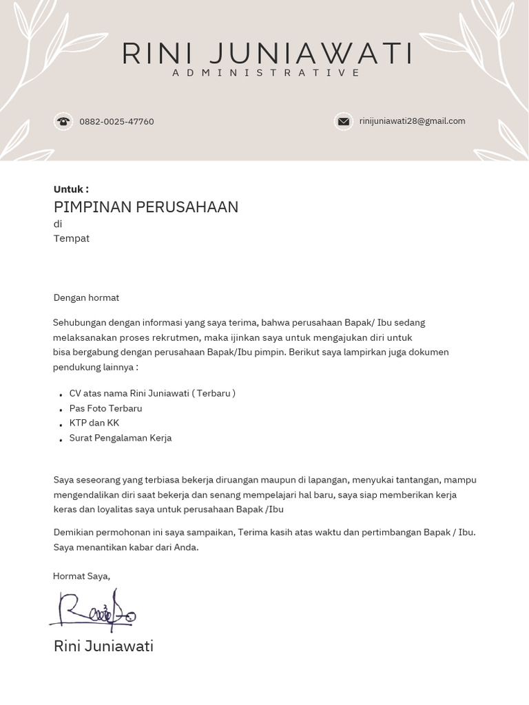 Surat Lamaran Kerja - Rini Juniawati | PDF