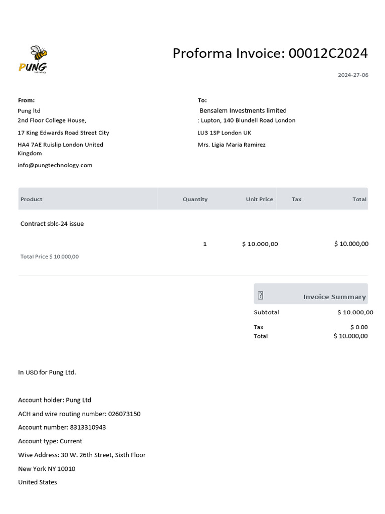 USD-Proforma Invoice-00012C2024-Bensalem Investments Limited - Unito ...