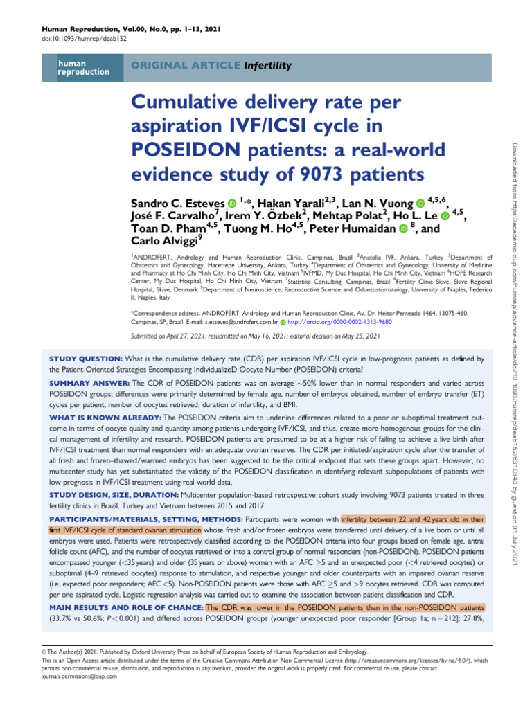 Cumulative Delivery Rate Per Aspiration POSEIDON HumRep 2021 | PDF | In Vitro Fertilisation ...