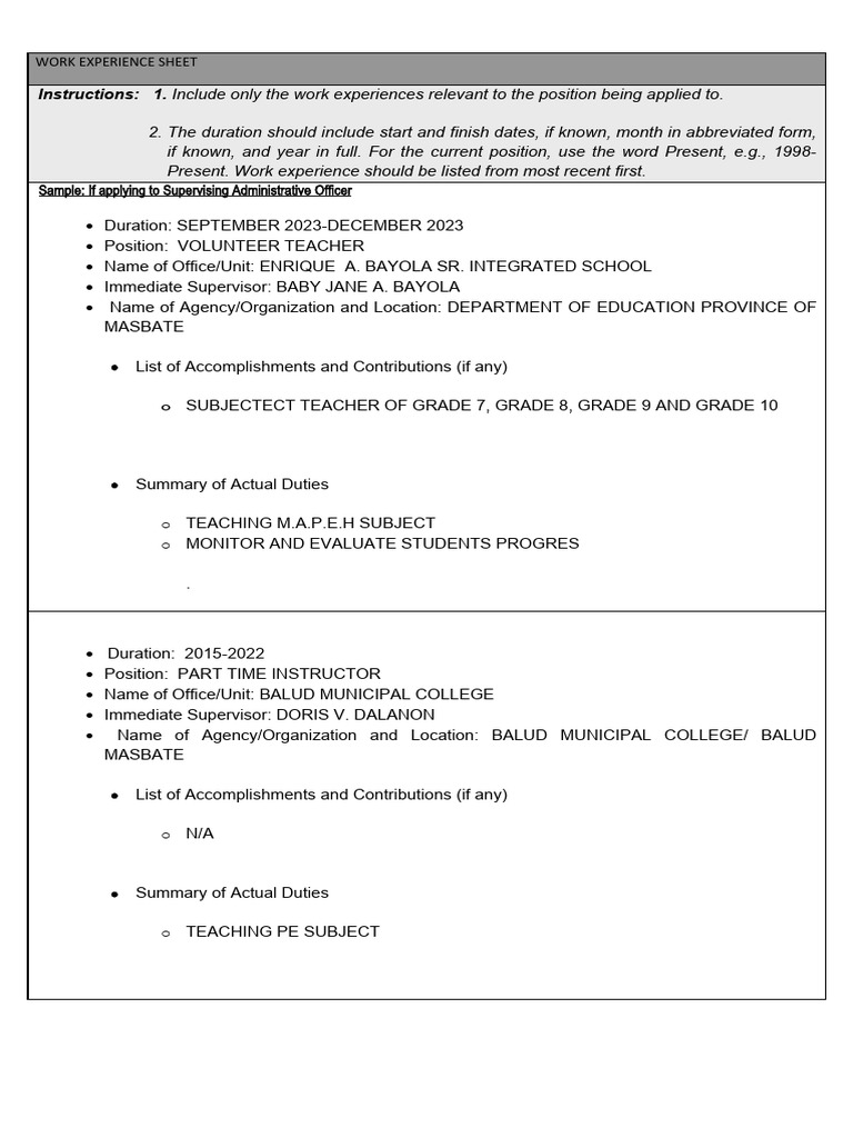 Work Experience Sheet Template | PDF