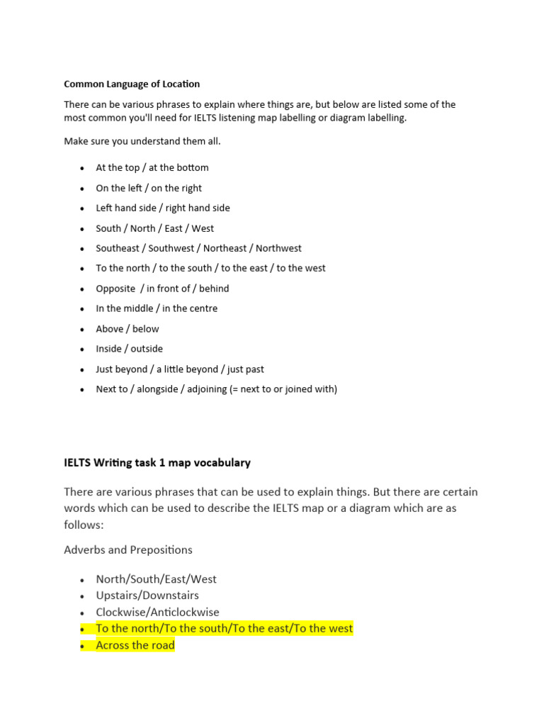 Essential IELTS Map Vocabulary Guide | PDF | Preposition And ...