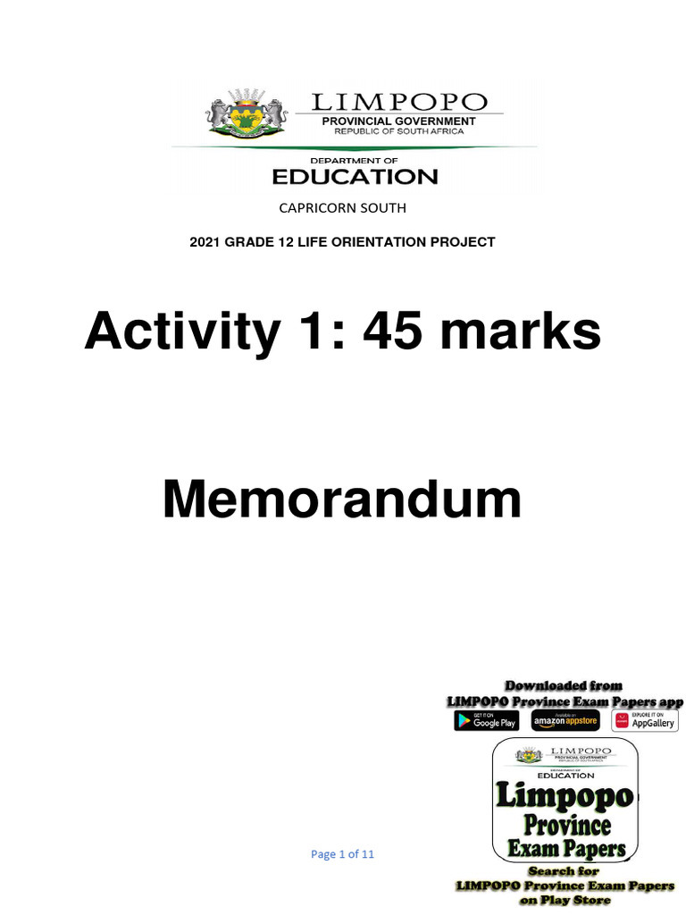 Grade 12 Life Orientation Project Term 2 Activity 1 Memo | PDF | Human ...