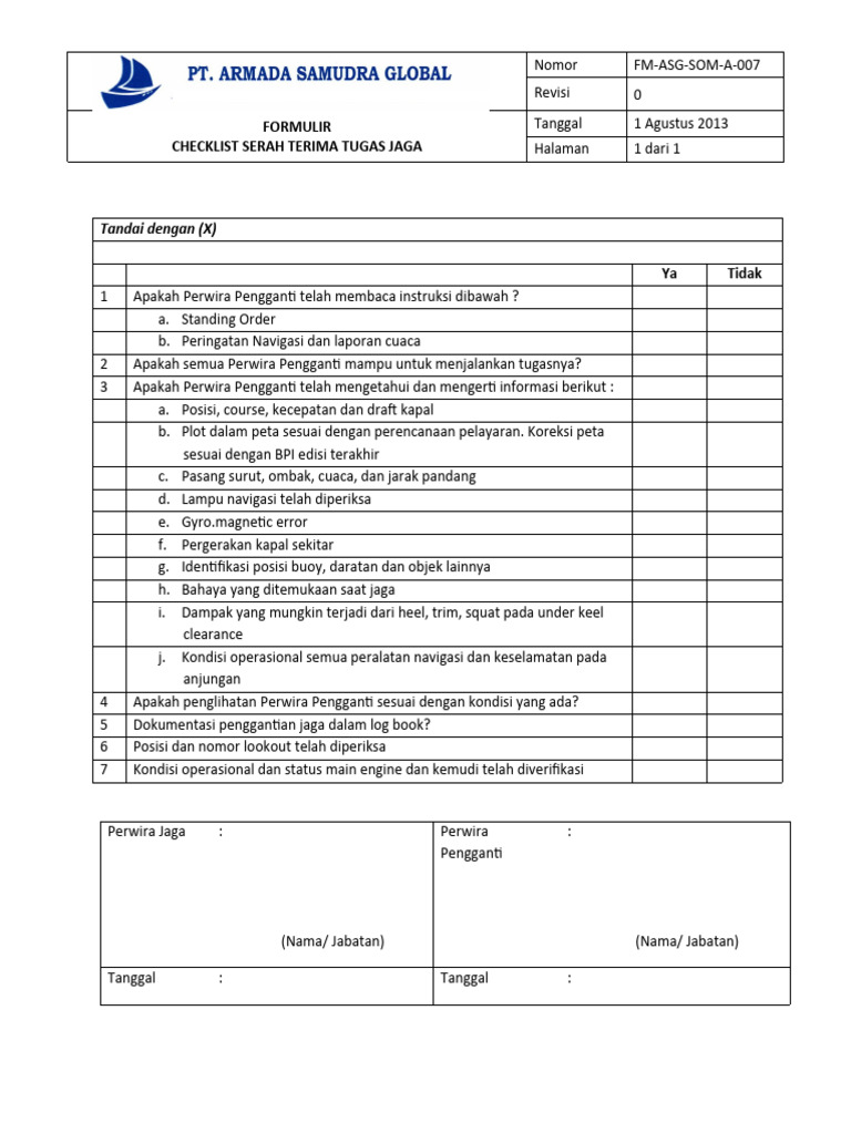 FM-ASG-SOM-A-007 Checklist Serah Terima Tugas Jaga | PDF