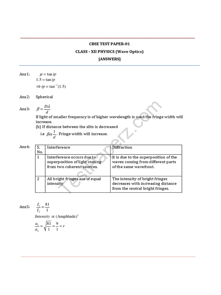 Wave Optics Test Paper Solutions | PDF | Physics | Atomic