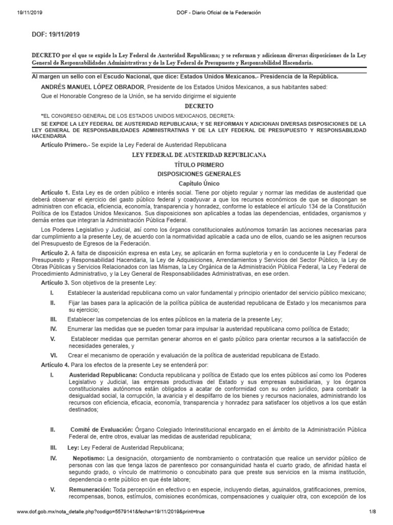 019 DECRETO Por El Que Se Expide La Ley Federal de Austeridad ...