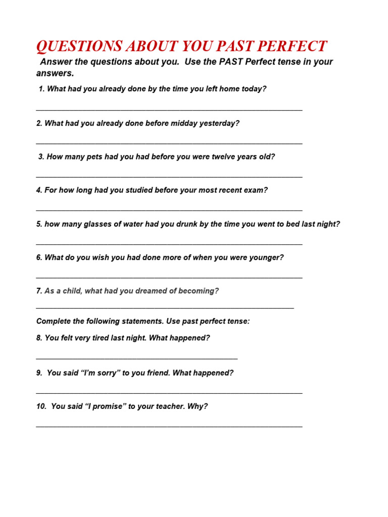 Past Perfect Tense Practice Questions | PDF