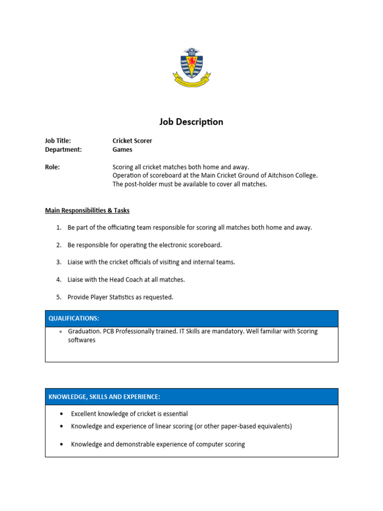 Cricket Scorer Job Description | PDF
