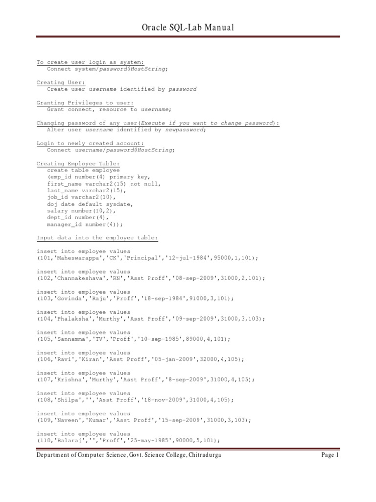 Oracle SQL-Lab Set | PDF | Sql | Data Management Software Oracle SQL-Lab Set | PDF | Sql | Data Management Software