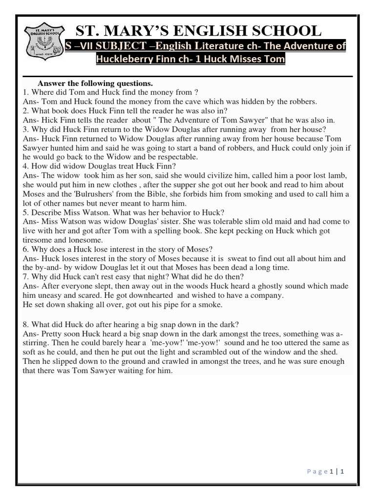 STD7TheAdventureofHuckleberryFinn ch-1 | PDF | Huckleberry Finn