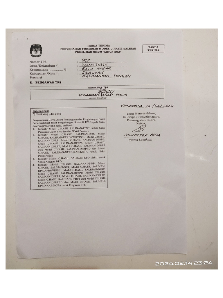 BA TANDA TERIMA C.HASIL SALINAN TPS 6 WANATIRTA | PDF