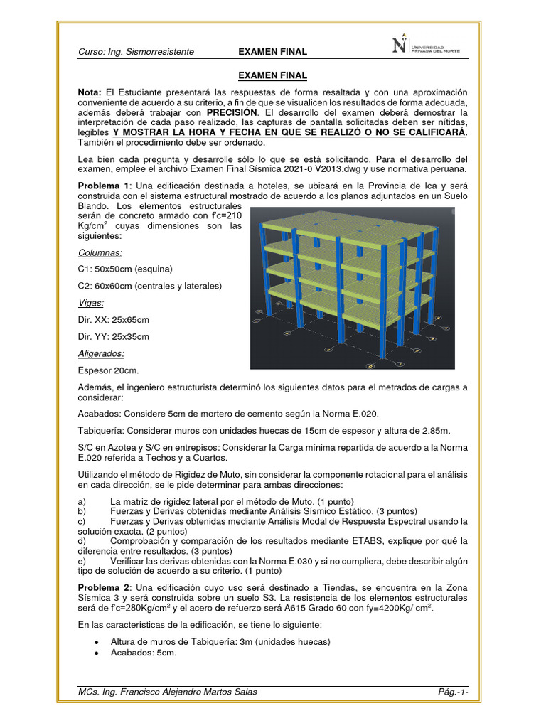 Examen Final Sísmica | PDF | Ingeniería estructural | Ingeniería de Edificación