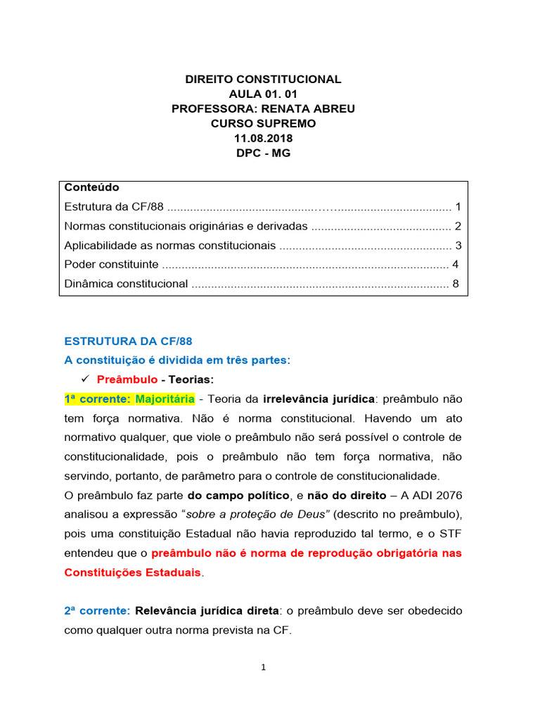 Estrutura e Normas da CF/88: Aula 1 | PDF | Emenda Constitucional ...