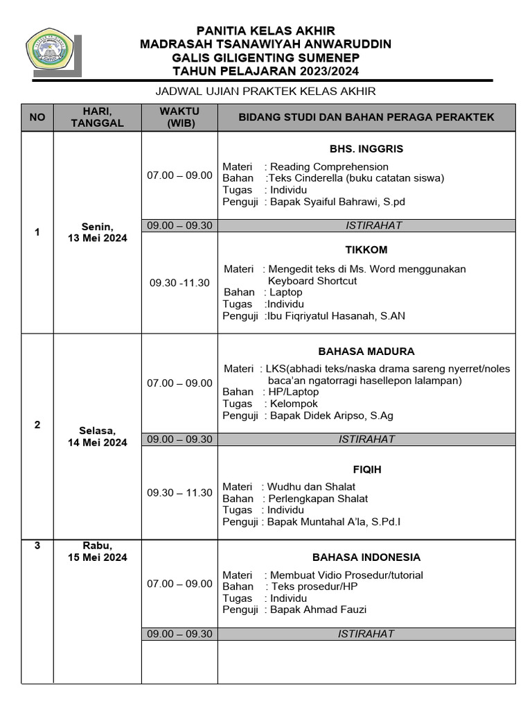 Jadwal Ujian Praktek Kelas Akhir MTs Anwaruddin | PDF
