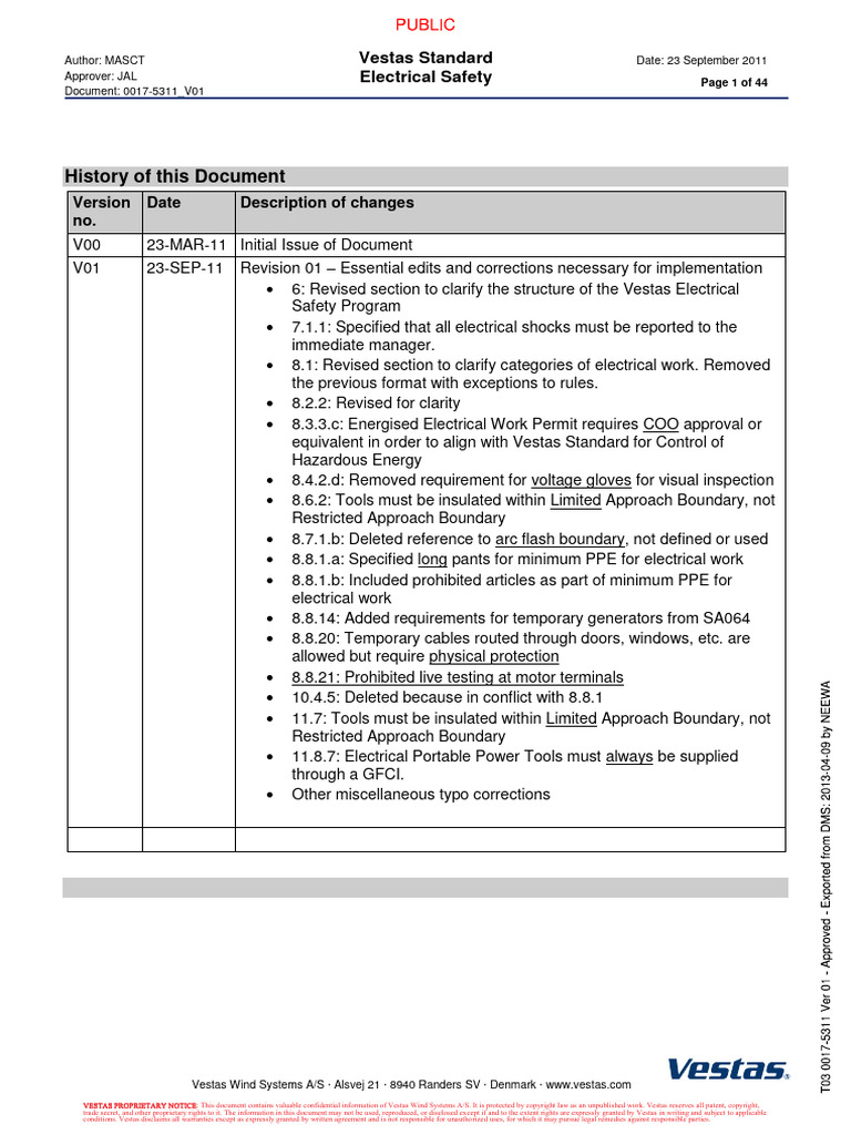 0017-5311 V01 - Vestas Standard For Electrical Safety | PDF | Fuse (Electrical) | High Voltage