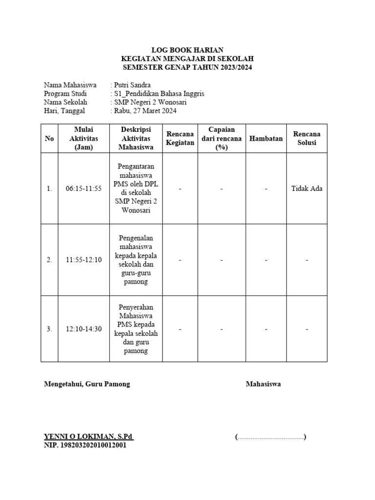 PUTRI SANDRA - LOG BOOK HARIAN - SMP Negeri 2 WONOSARI-1 | PDF