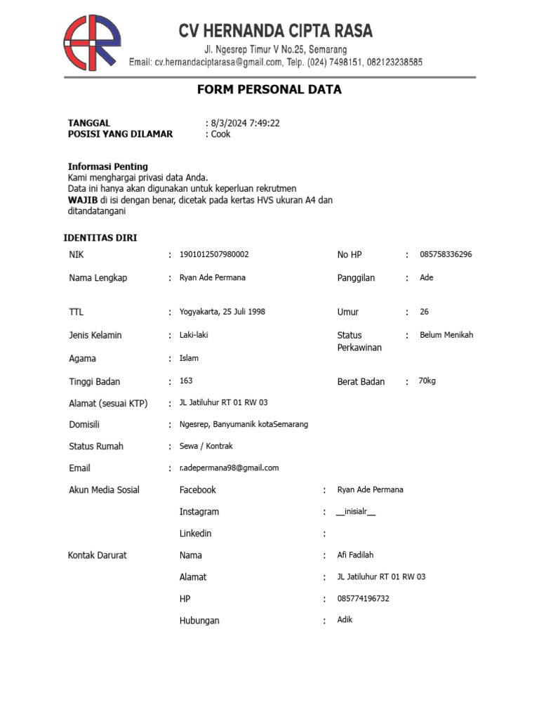 Formulir Data Diri Pelamar - Ryan Ade Permana | PDF