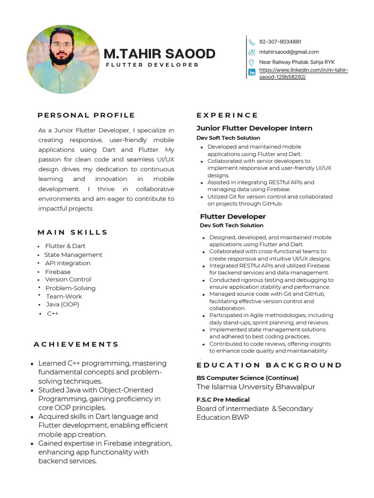 Tahir Saood Flutter Developer | PDF | Mobile App | Software Development