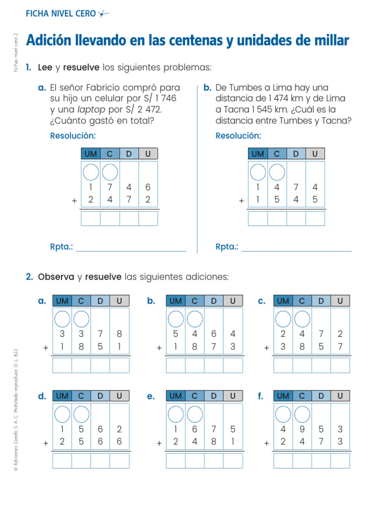 Problemas de Adición para Nivel Cero | PDF
