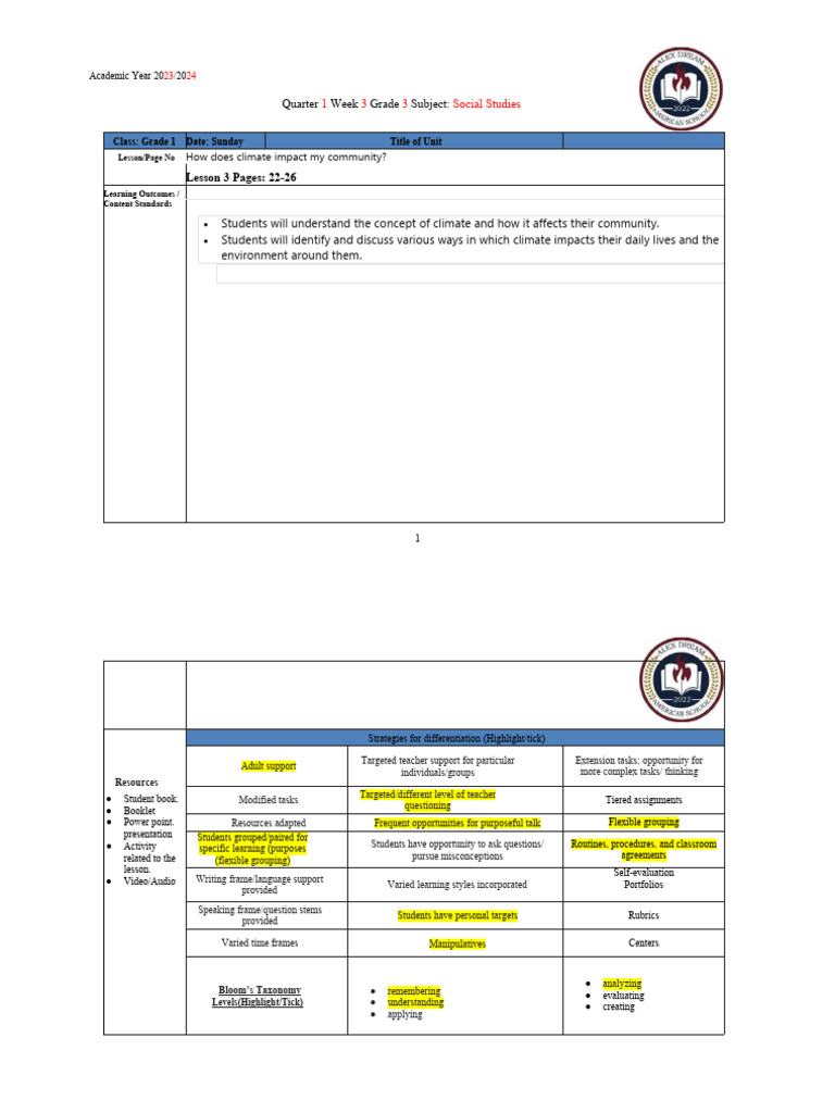 Chapter 1 Elementary Lesson Plans Social Studies Grade 3 Lesson 3 | PDF ...