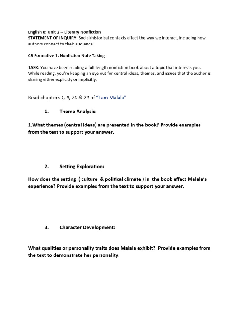 CB Formative Analyzing None Fiction Note Taking Malala | PDF ...