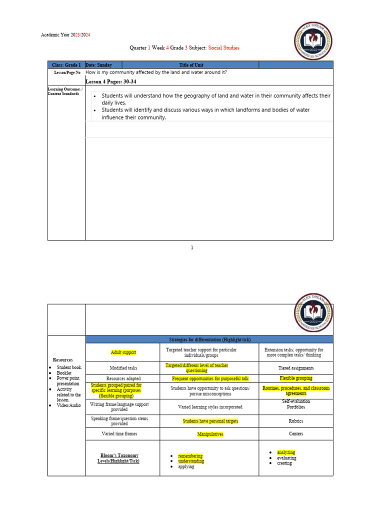 Chapter 1 Elementary Lesson Plans Social Studies Grade 3 Lesson 4 | PDF ...